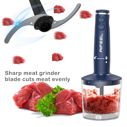 Aifeel Immersion Hand Blender with Ice Chopper,7 in 1 Handheld Blender Stainless Steel Hand Stick Blender with Chopper, Beaker, Whisk for Smoothie, shakes, Baby Food, Sauces Red, Puree, Soup