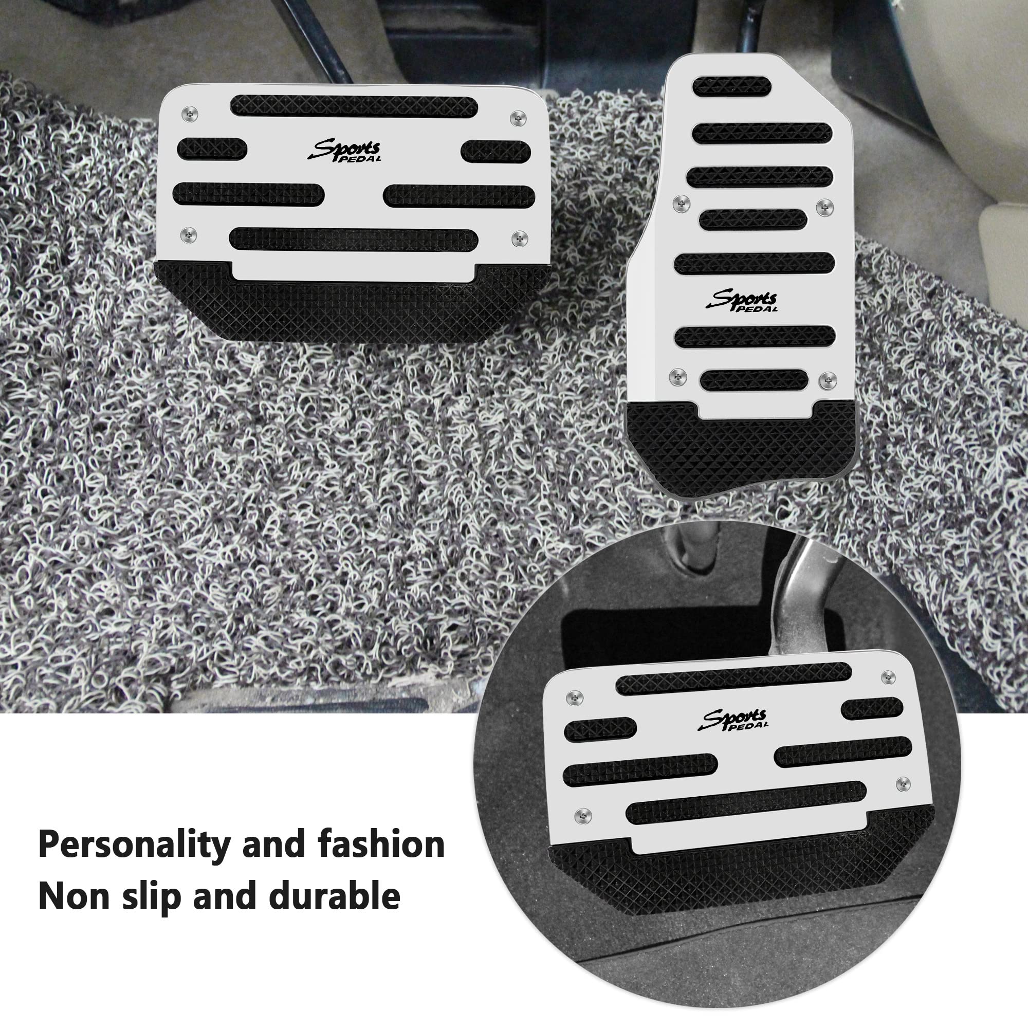 2PCS Non- Slip Automatic Transmission Pedal Covers Replacement Kit,Aluminum Alloy Gas Pedal&Brake Pedal Cover Sporty Car Decor,Universal Car Accessories for Car Safty (Silver/2pcs)