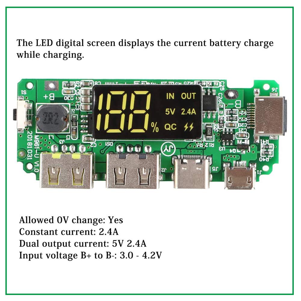WSDMAVIS 1Pcs 18650 Charger Board Lithium Battery Charging Module Dual USB 5V 2.4A MiniType-C Power Bank Module DIY with Overcharge Overdischarge Short Circuit Protection LED Display