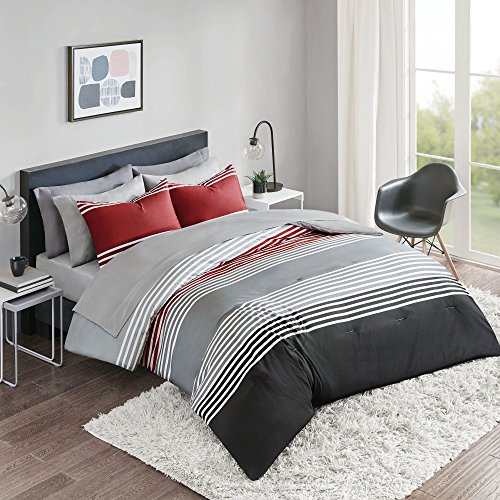 Comfort Spaces Full Comforter Sets with Sheets - Bed in a Bag 9 Pieces Teen Bedding Sets Full, Red and Grey Stripes Bedding Full, College Full Bed Set with 2 Side Pockets Bedroom Organizer