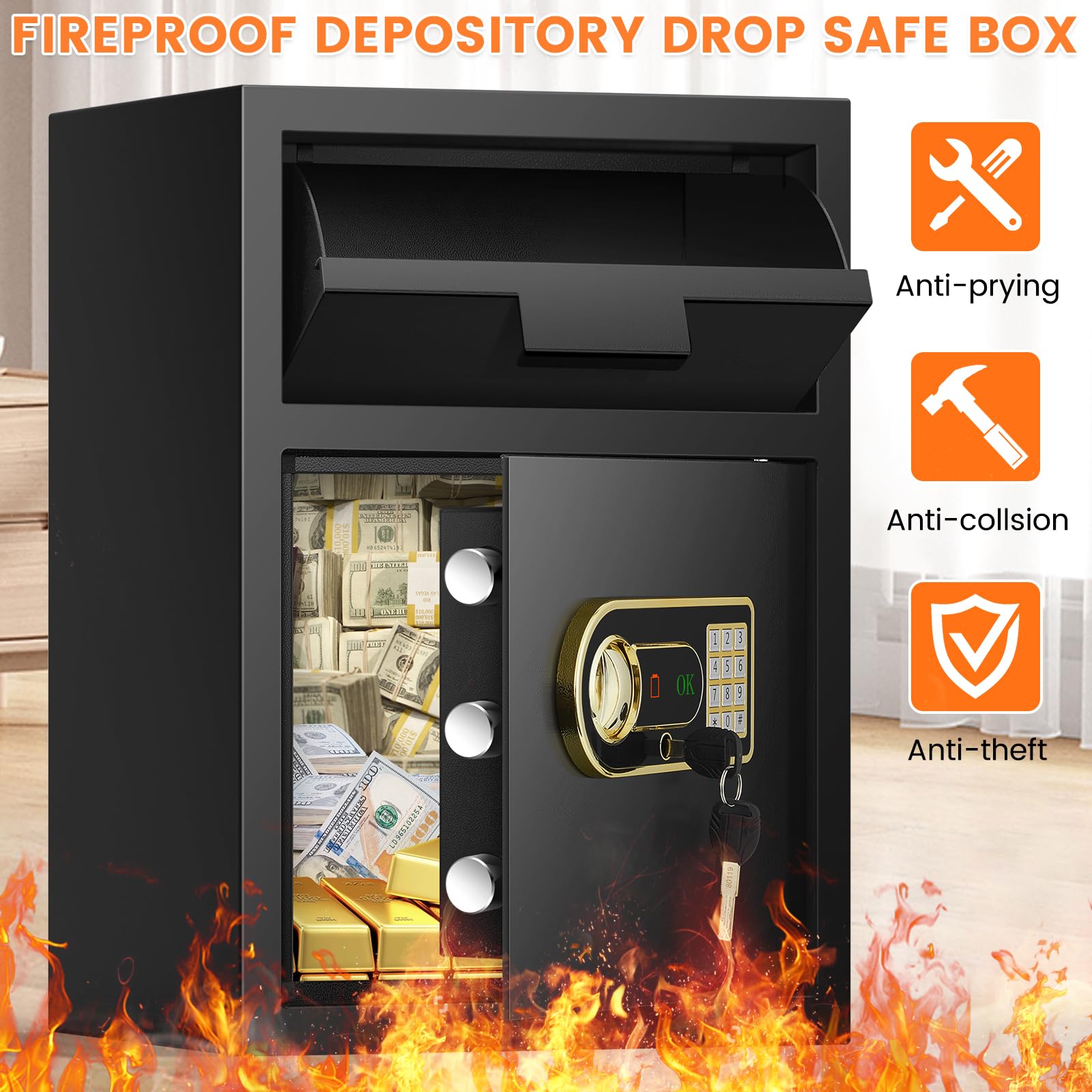 4.2 Cu ft Large Home Safe Fireproof Waterproof with [TWO DEPARTMENTS], [ANTI-THEFT] Fire Proof Safe Boxes for HOME USE with Hidden Cabinet, Personal Fireproof Safe for Home Office Document Valuable