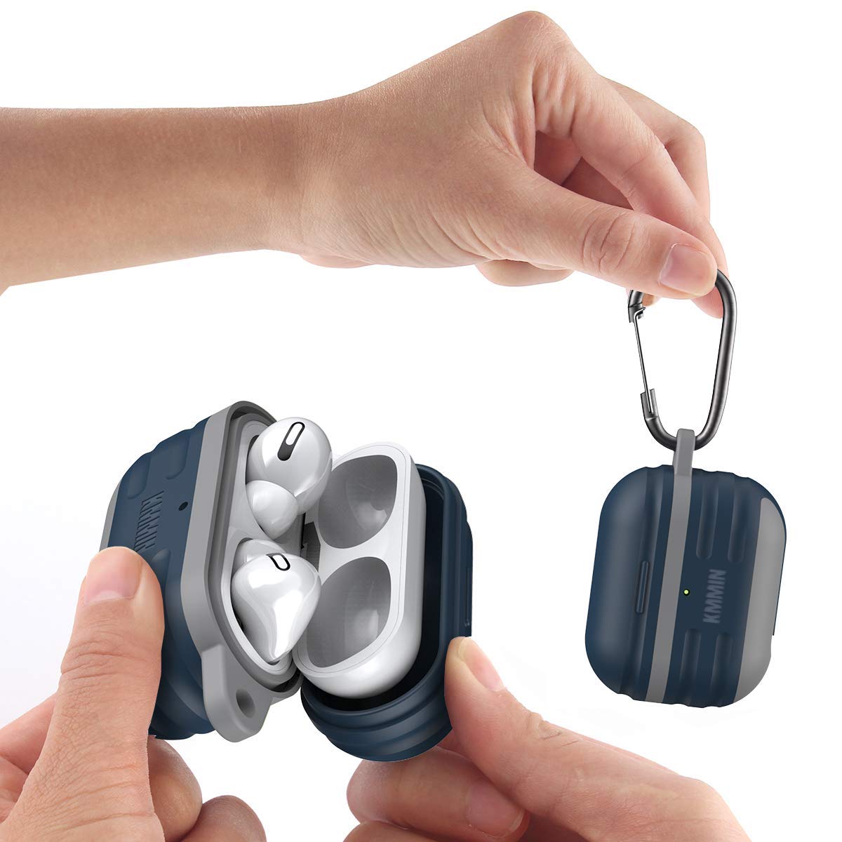 KMMIN Waterproof Case for AirPods Pro 1st & 2nd Generation, Premium Silicone Protective Case for AirPods Pro, Wireless Charging, Shockproof, Carabiner, LED Light Visible