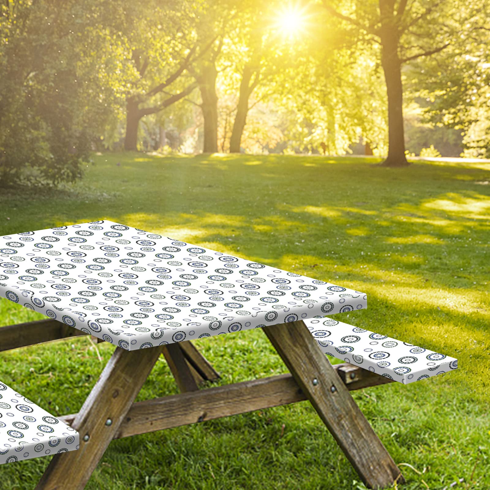 KENOBEE 6ft Picnic Table and Bench Fitted Cover, 72" Flannel Backing Elastic Edge Waterproof Wipeable Plastic Cover Fitted Vinyl Tablecloth for Home Goods Indoor Outdoor Patio, Blue Flywheel