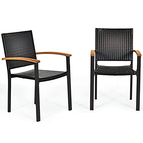 2PCS Outdoor PE Rattan Lounge Chairs Patio Dining Chair Stackable Leisure Chair Wicker Armchair Comfortable Armrest Ergonomic Backrest Perfect for Deck Backyard Balcony Garden Poolside Use