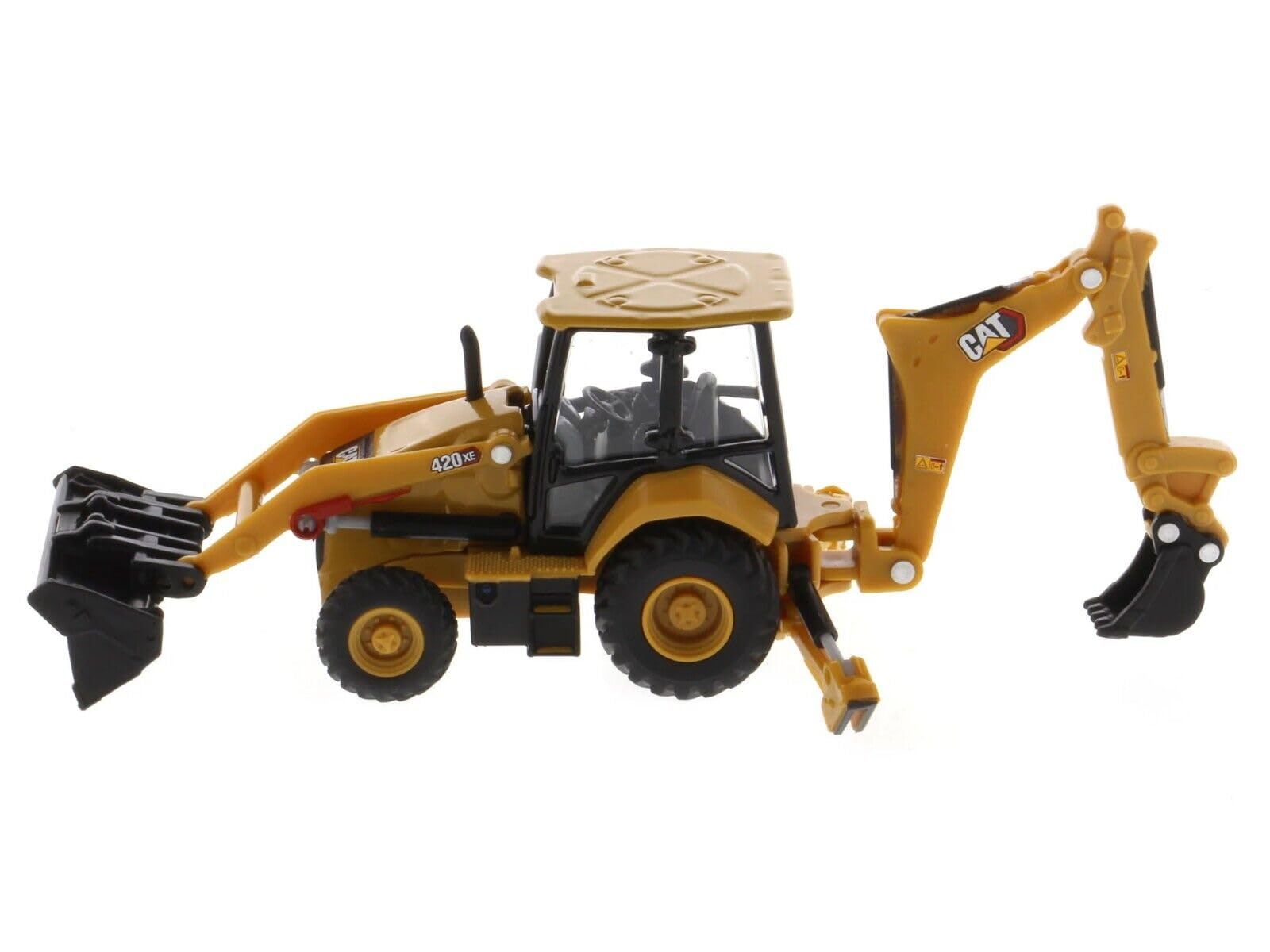 420 XE Backhoe Loader with Work Tools Yellow 1/64 Diecast Model by Diecast Masters 85765