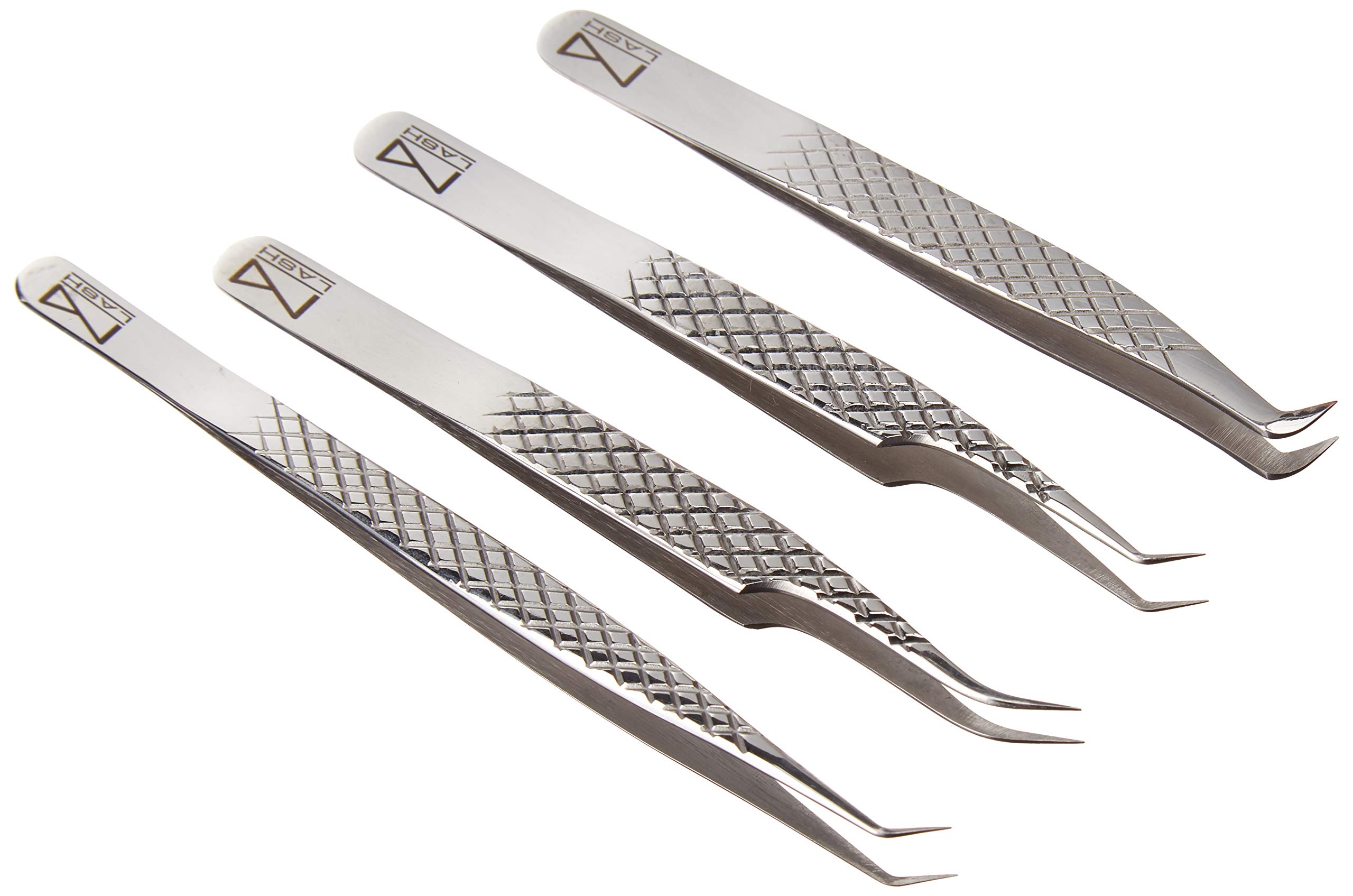 M LASH Tweezers for Eyelash Extensions (Set of 4) - Professional Lash Extension Tweezers - Fiber Tip, Japanese Steel, Diamond Grip Eyelash Extension Tweezer (Silver)