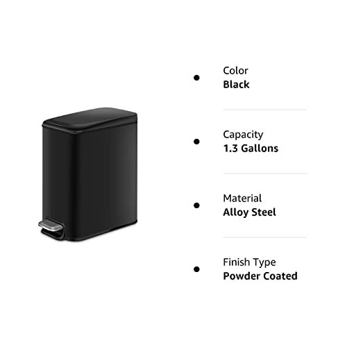 H+LUX Slim Small Bathroom Trash Can with Lid Soft Close,Black Small Trash can for Bathroom Bedroom Office with Removable Inner Wastebasket, Rectangular Foot Pedal Trash Bin, 5L/1.3Gal
