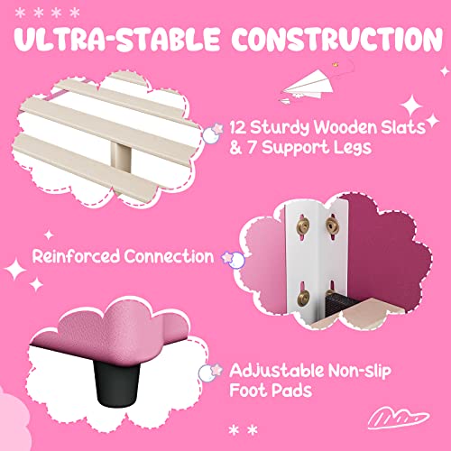 HONEY JOY Kids Twin Bed Frame with Headboard, Toddler Upholstered Platform Bed with Slatted Bed Base, No Box Spring Needed, Princess Wooden Single Bed for Baby Girls, Twin Size in Pink