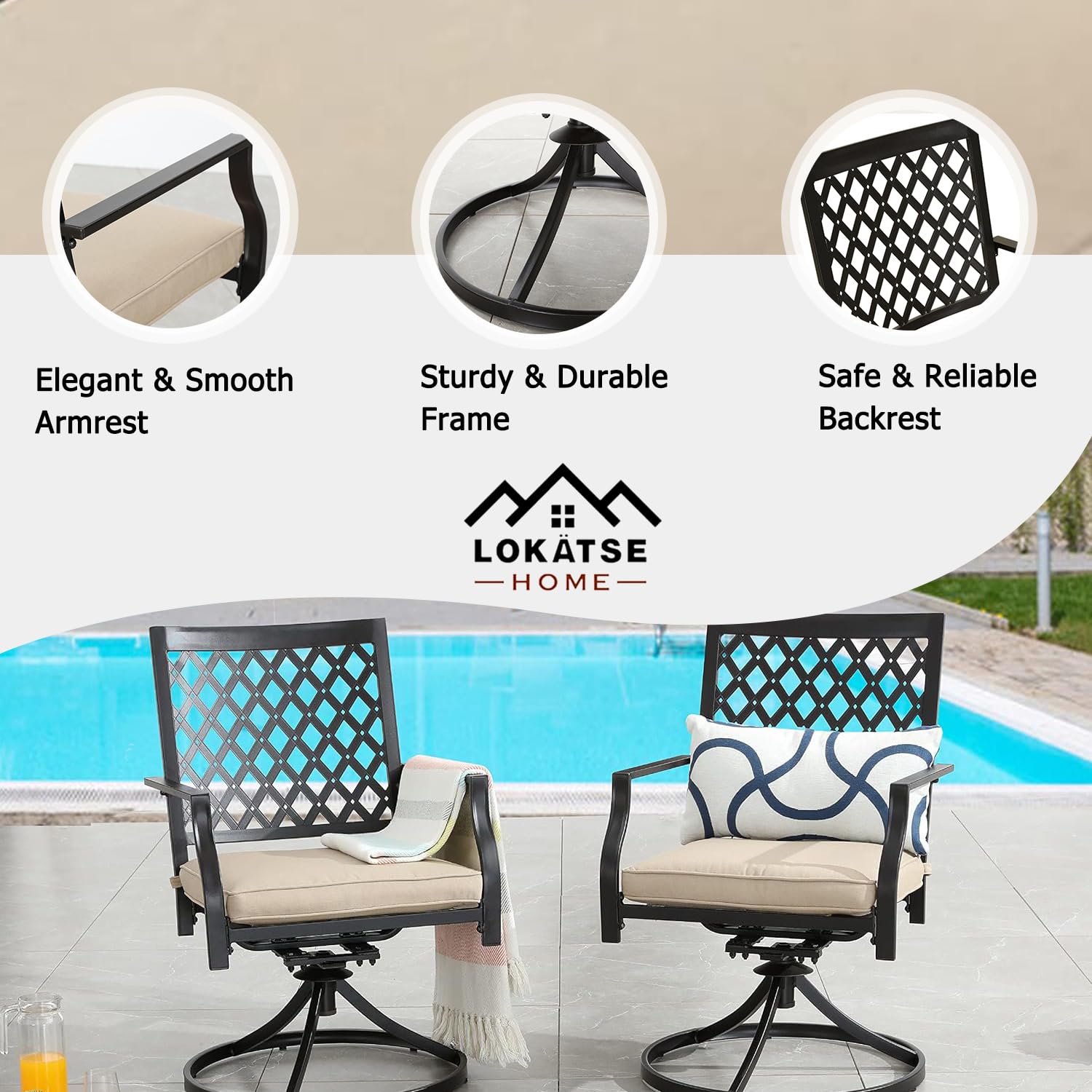 LOKATSE HOME Patio Swivel Set of 6 Dining Chair Metal Bistro Set with Cushion, 6Pcs, Beige