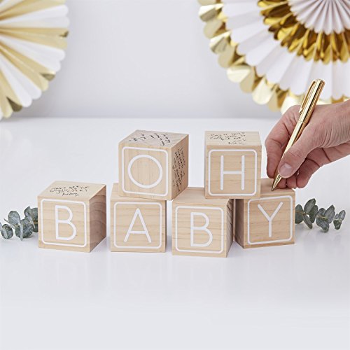 Ginger Ray Wooden Oh Baby Building Block Shower Guestbook Keepsake 6 Pack, Brown