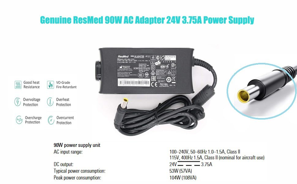 OEM 90W UL Testing Certification 24V 3.75A AC/DC Adapter Compatible with ResMed Airsense 10 Air Sense S10 AirCurve 10 Series CPAP BiPAP Machines Medistrom Pilot-24 Lite Battery Backup Power Supply
