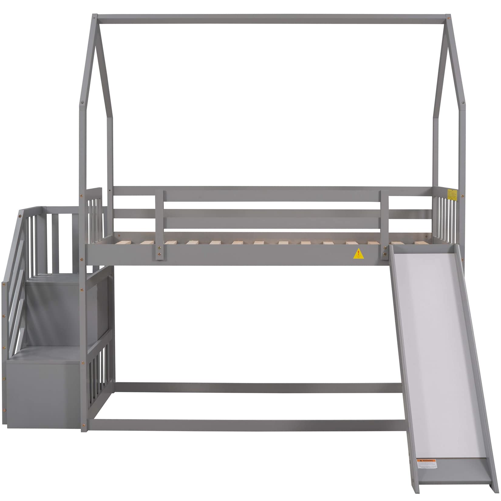 Bellemave House Bunk Beds with Stairs and Slide Low Twin Over Twin Solid Wood Floor Bunk Bed for Kids Girls Boys Teens, Gray