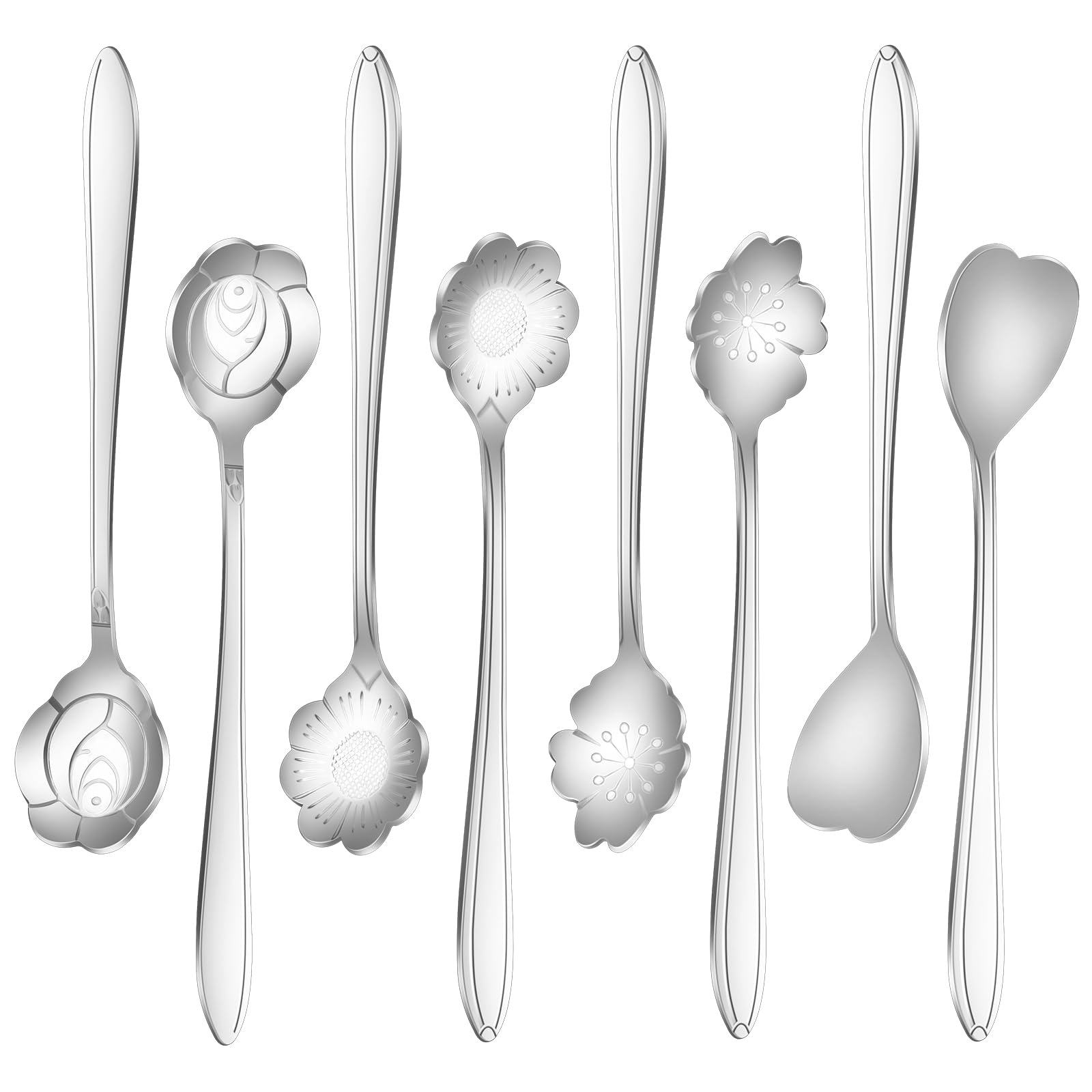 8 Pcs Flower Dessert Spoons, Stainless Steel Coffee Teaspoon Set - Cute Mini Tableware for Demitasse Espresso, 4 Styles (Silver)