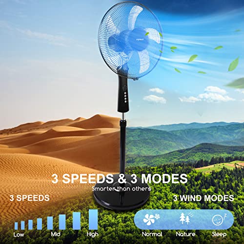 Aigostar 16β Standing Fan, 5-Blade Oscillating Pedestal Fan with Remote Control, 3 Speed Settings, 3 Wind Modes, 7.5H Timer, Adjustable Height Cooling Fan for Bedroom, Home, Office, Black