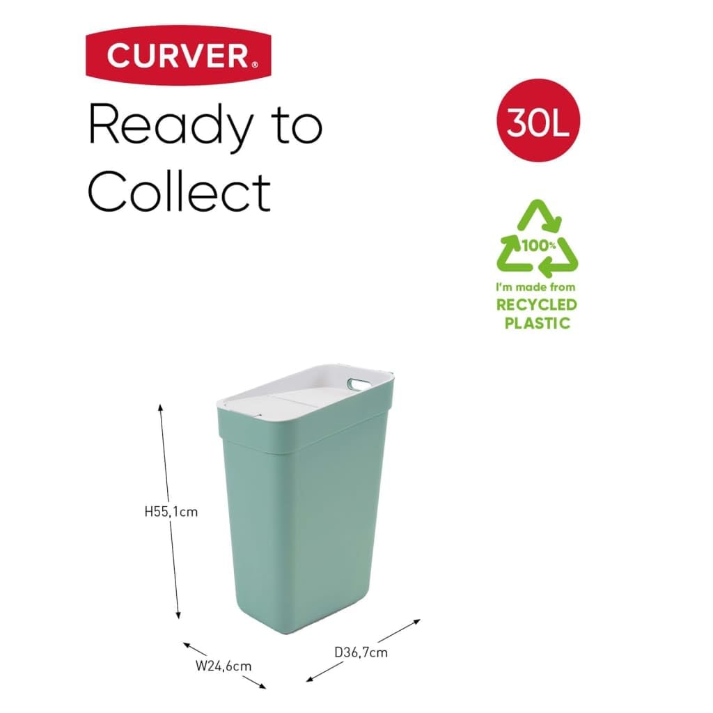 Curver Ready to Collect 30L Sorting Bin with Wall or Door Holder for Kitchen, Bathroom, Laundry Room β 100% Recycled β Green