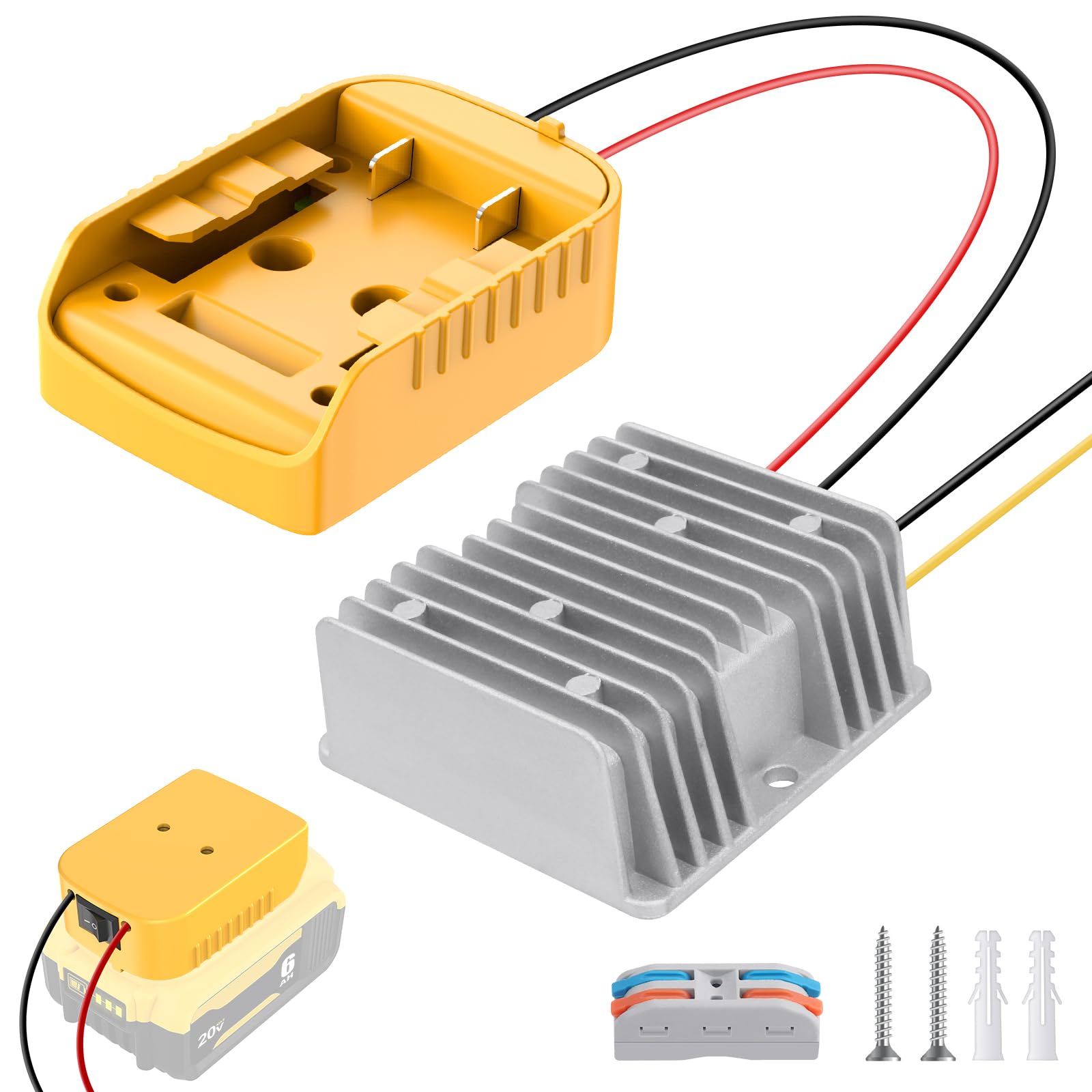 20V to 12V Step Down Converter Aadpter for Dewalt 20V Battery DC Voltage Regulator 15A MAX 180W Inverter Automatic Buck Converter Power Wheels Aadpter with Upgraded Low Voltage Protection and Switch