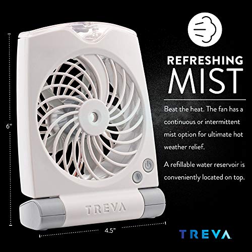 Treva 3-Speed Continuous Mister Fan – 3.5 Inch Personal Misting Fan with Intermittent or Constant Cooling Water Mist Sprayer - USB Rechargeable Battery - Portable for Travel, Camping, Beach, Desk