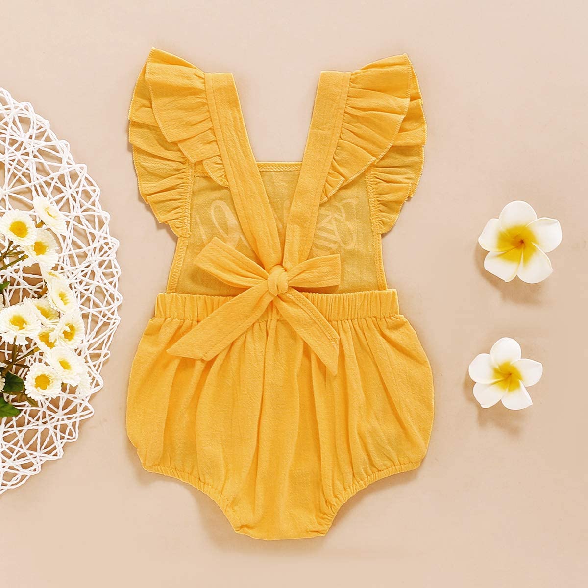 GRNSHTS Baby Girls First Birthday Outfits Ruffle Honey Bee Romper Backless Bodysuit Cake Smash Outfits (Yellow, 12-18 Months)