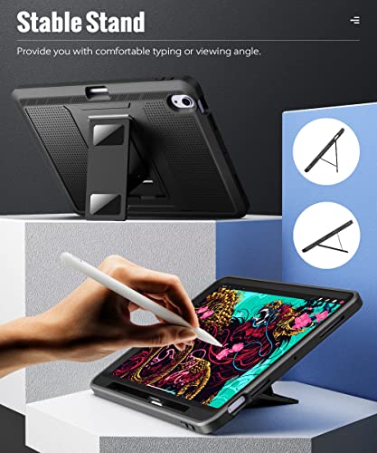 MoKo Case for iPad Air 5th Generation 2022/ iPad Air 4th Generation 2020 10.9 Inch with Pencil Holder, Kickstand, Built-in Screen Protector, Heavy Duty Shockproof Rugged Case for iPad Air 5/4,Black