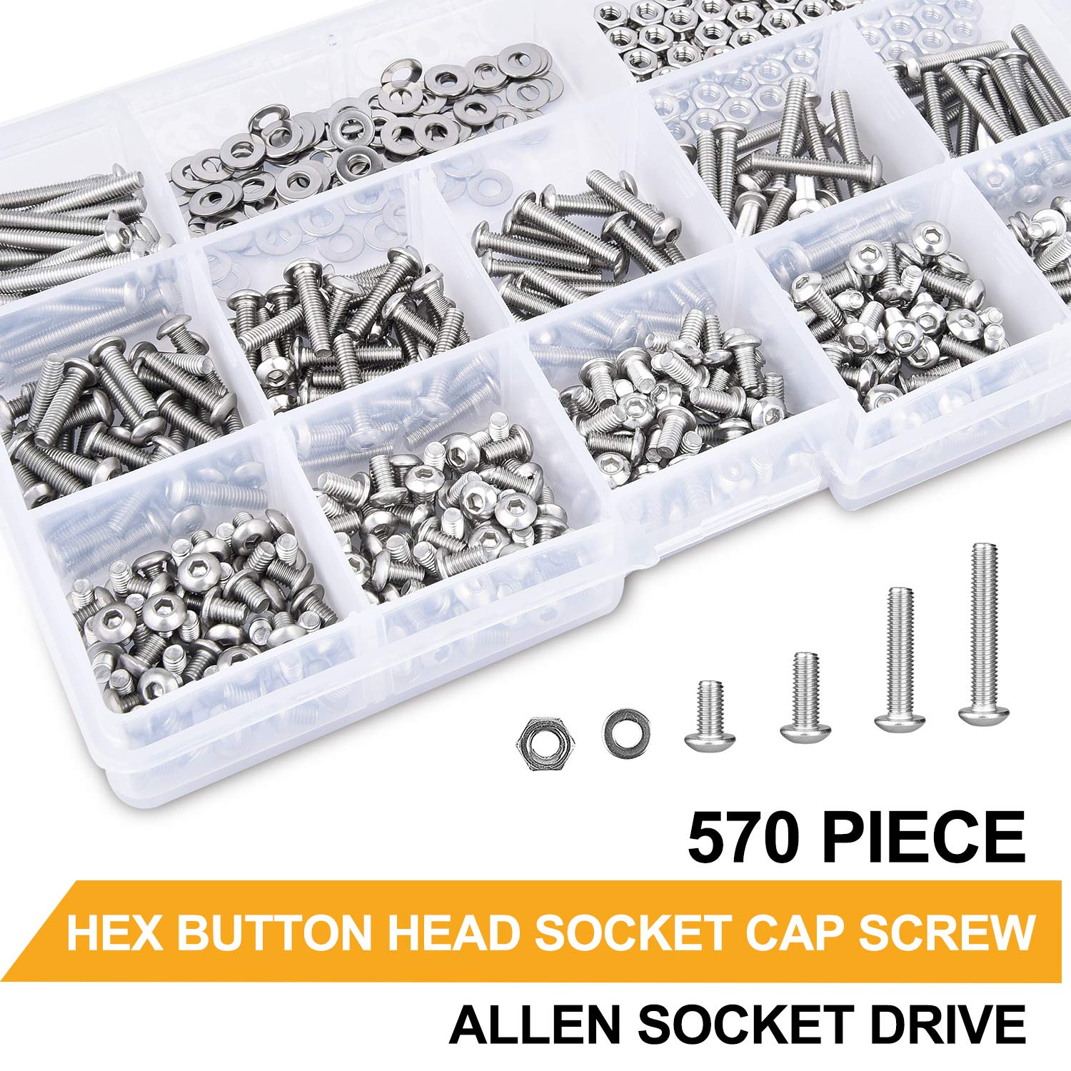 VIGRUE 570PCS Stainless Steel M3 Button Head Hex Socket Cap Screw Bolts, M3 x 4/5/6/8/10/12/14/16/18/20/25mm Screw and Nuts Flat Washer Assortment Kit, Fully Machine Thread