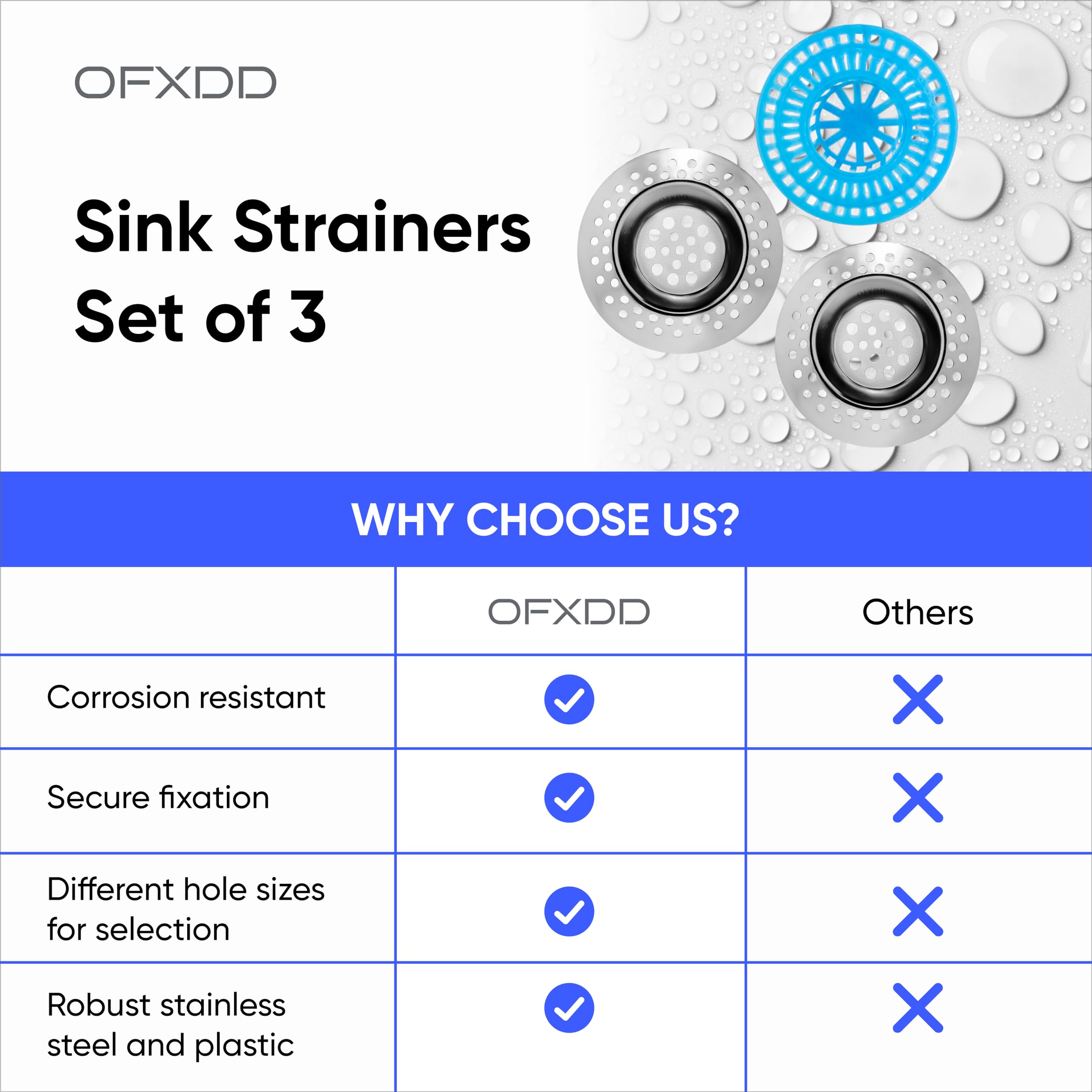 Bathroom Drain Hair Catcher 3 Pcs - Sink Strainers for Kitchen Sink, 2.83 & 2.36 Inches - Hair Drain Catcher Bathtub