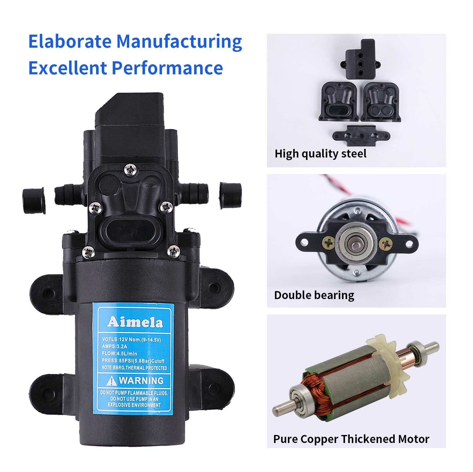 Aimela 12V DC Fresh Water Pump with 2 Hose Clamps,Self Priming Sprayer Pump with Pressure Switch,12 Volt High Pressure Pump Diaphragms,4.5 L/Min 1.2 GPM 85 PSI Adjustable for Spray,Marine,Lawn