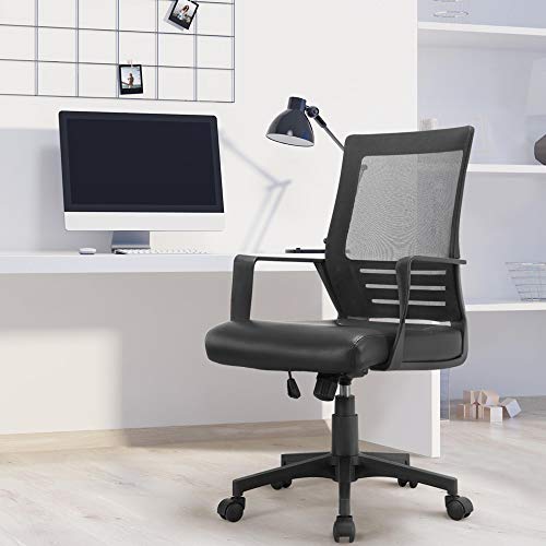 Yaheetech Ergonomic Office Chair Leather Seat and Mesh Back Combine Computer Chair Executive Chair Mid-Back Rolling Swivel Chair w/Lumbar Support and Armrests Adjustable Height for Office,Black