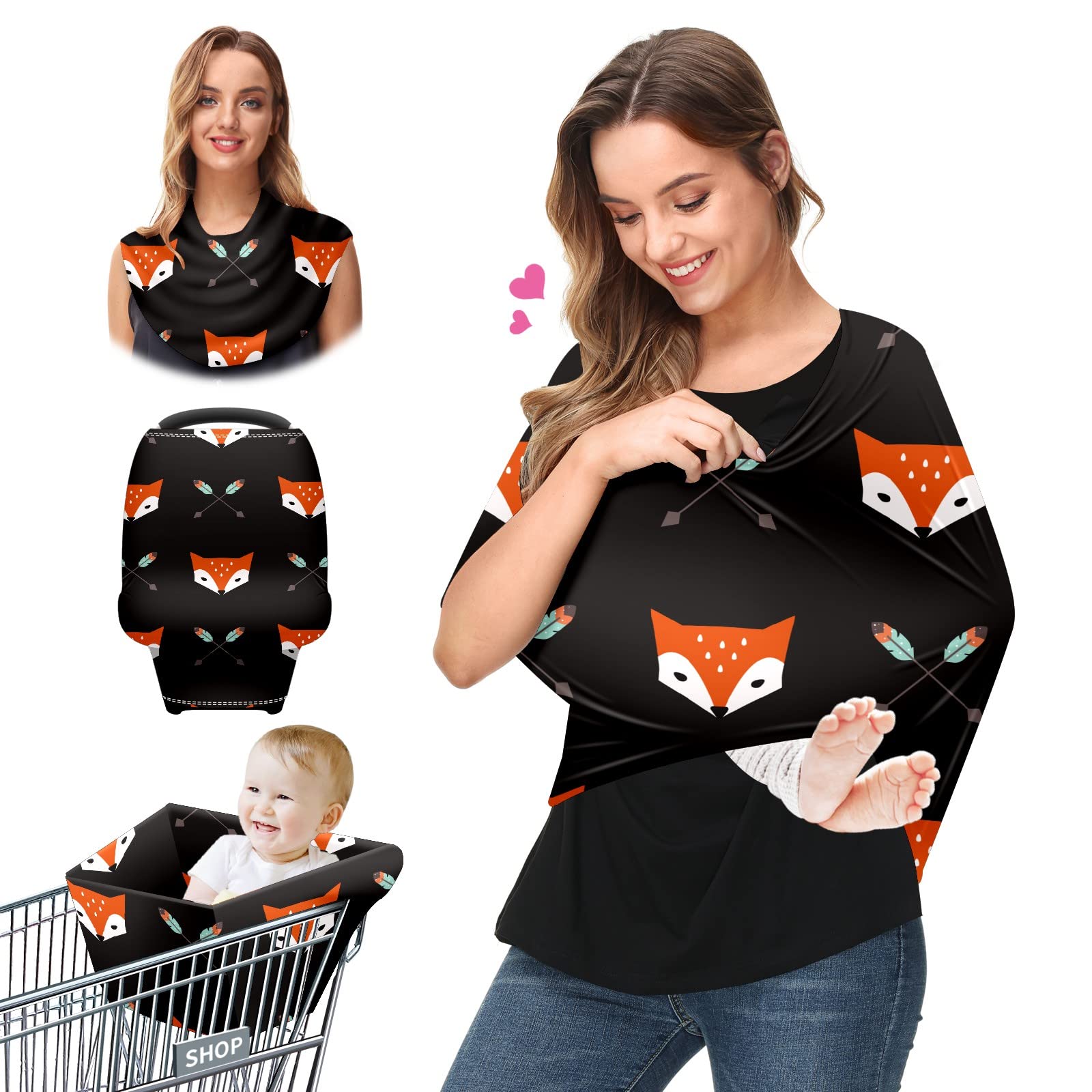 Baby Car Seat Stroller Covers Feather Arrows and Fox Nursing Cover Breastfeeding Scarf Soft Breathable Stretchy Infant Car Canopy Coverage Carseat Cover for Boys and Girls Multi Use