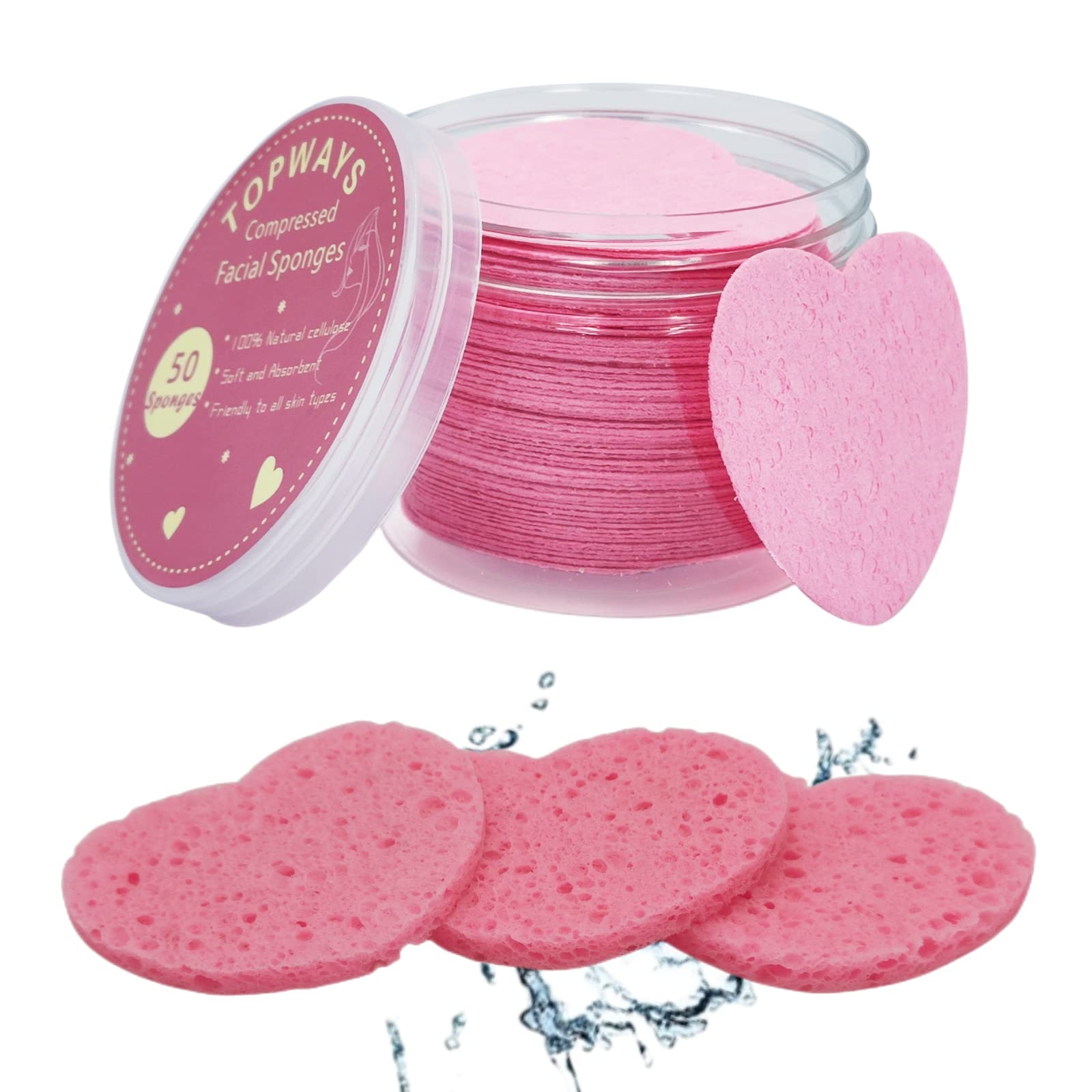 50-Count Compressed Facial Sponges Heart Shape,Reusable Natural Face Sponges Professional Cosmetic Spa Sponges for Face Cleansing, Massage, Pore Exfoliating, Mask, Makeup Removal (Heart, Pink)