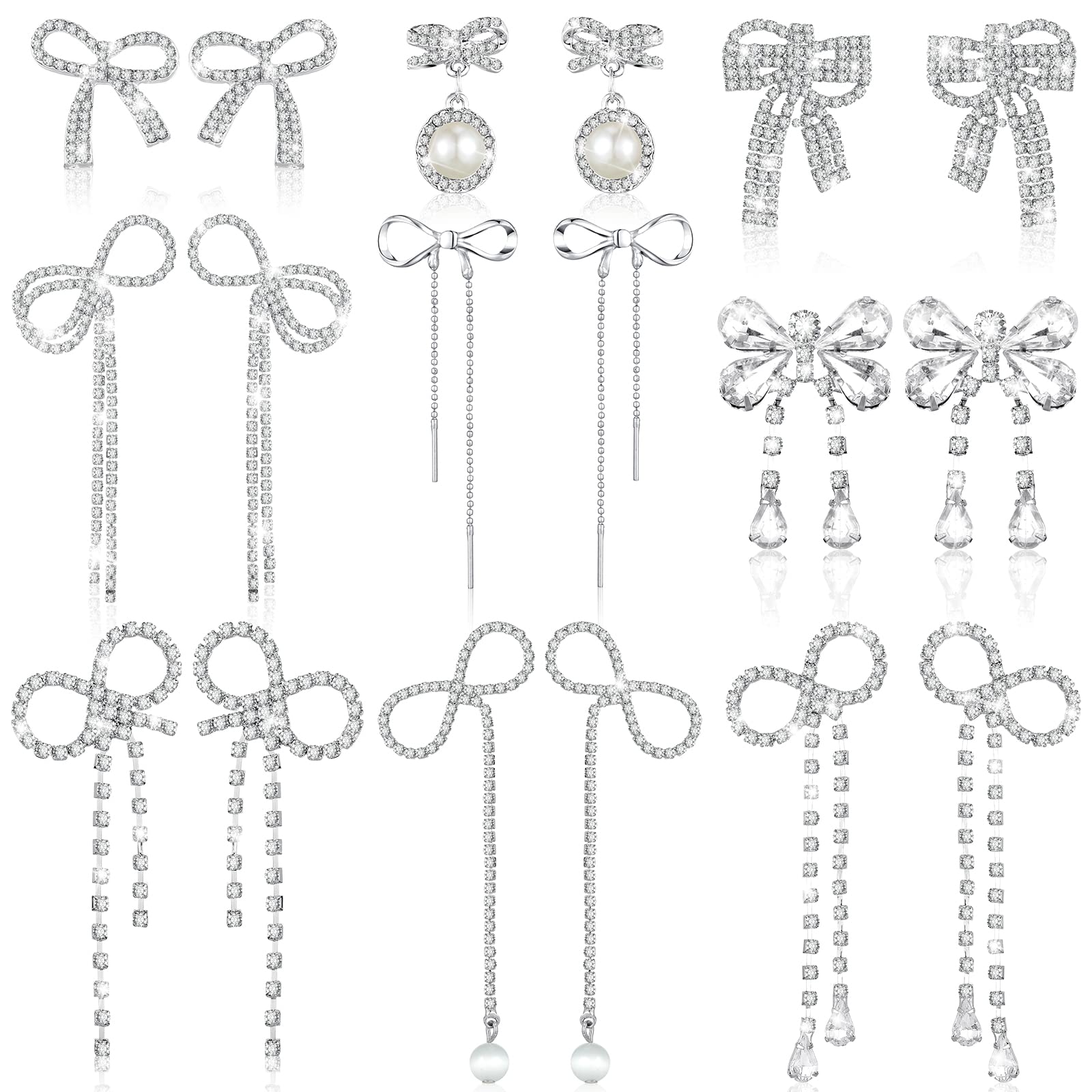 9 Pairs Silver Bow Earrings Rhinestone Bow Drop Earrings for Women Silver Crystal Drop Earrings Pearl Bow Dangle Earrings for Wedding Anniversary Party