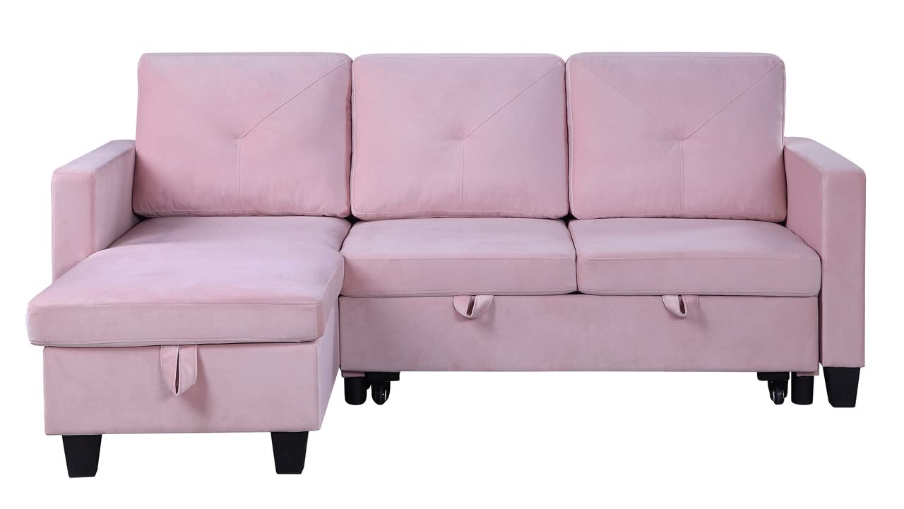 Favfurish 82.5'' L-Shape Convertible Sleeper Sectional Sofa with Storage Chaise and Pull-Out Bed, Velvet Upholstered Reversible Corner 3 Person Couch, for Living Room, Apartment, Pink