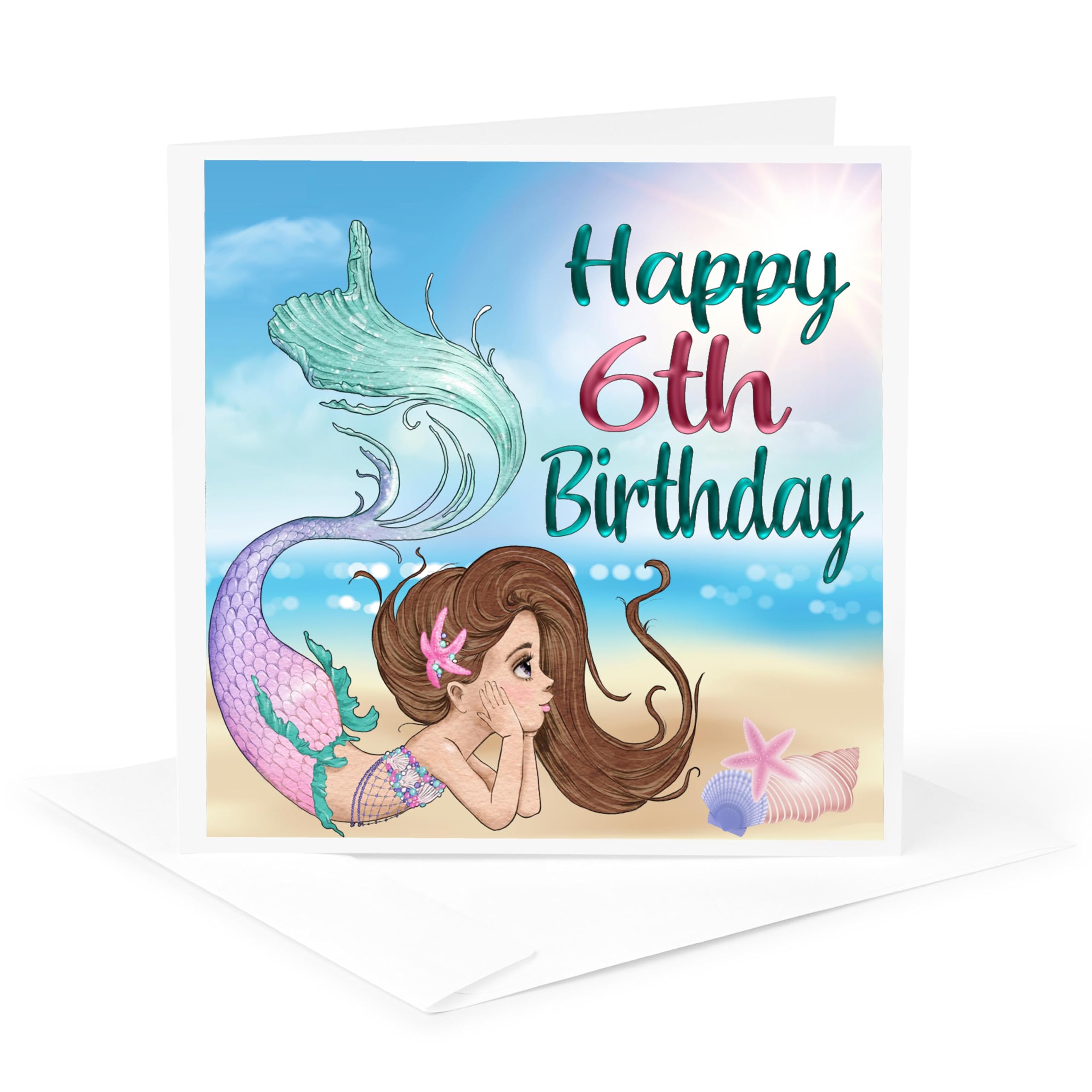 3dRose Greeting Card - Happy 6th Birthday Pretty Brunette Mermaid On The Beach - Happy Birthday