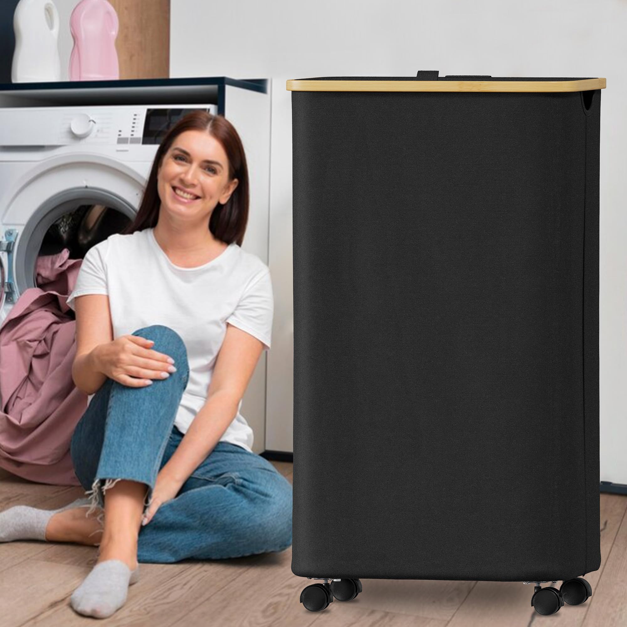 SUOCO Laundry Hamper with Wheels and Lid, 26 Gal (100L) Clothes Basket with Bamboo Handles, Large Foldable Laundry Hamper for Bedroom, Bathroom, Dorm, Laundry Room - Black