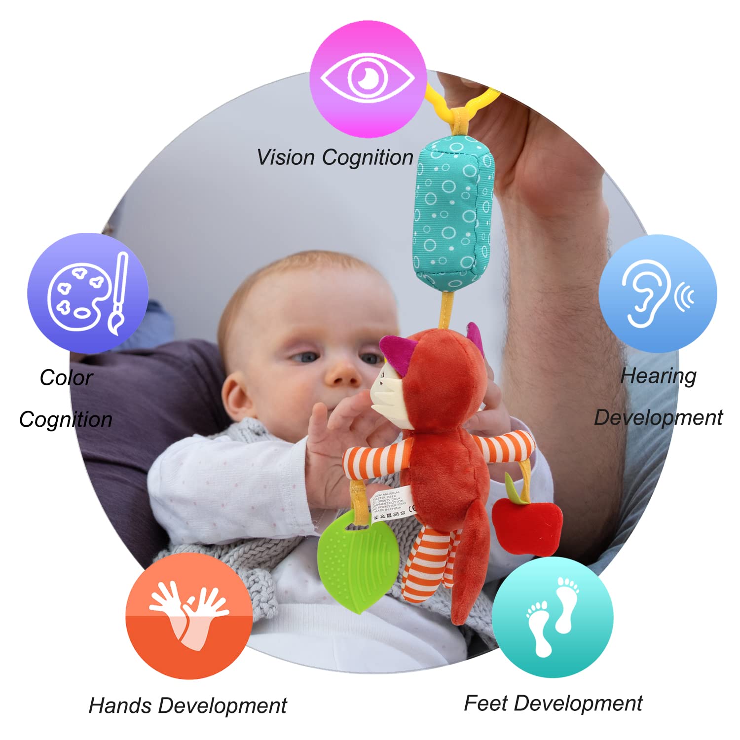 Baby Car Seat Toys, Infant Soft Plush Rattle, Cute Animal Doll,Early Development Hanging Stroller Toys for Newborn Boys Girls Gifts (5 PCS)
