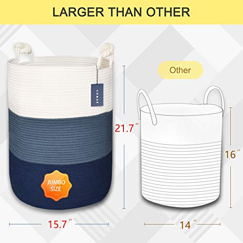 COMSE Extra Large Blanket Basket, High Storage Basket, Tall Rope Laundry Basket, 15.7βx 21.7β, Cotton Rope Basket, XXXL Laundry Basket, Toy Basket, Clothes Baskets,White/Cadet Blue/Navy Blue