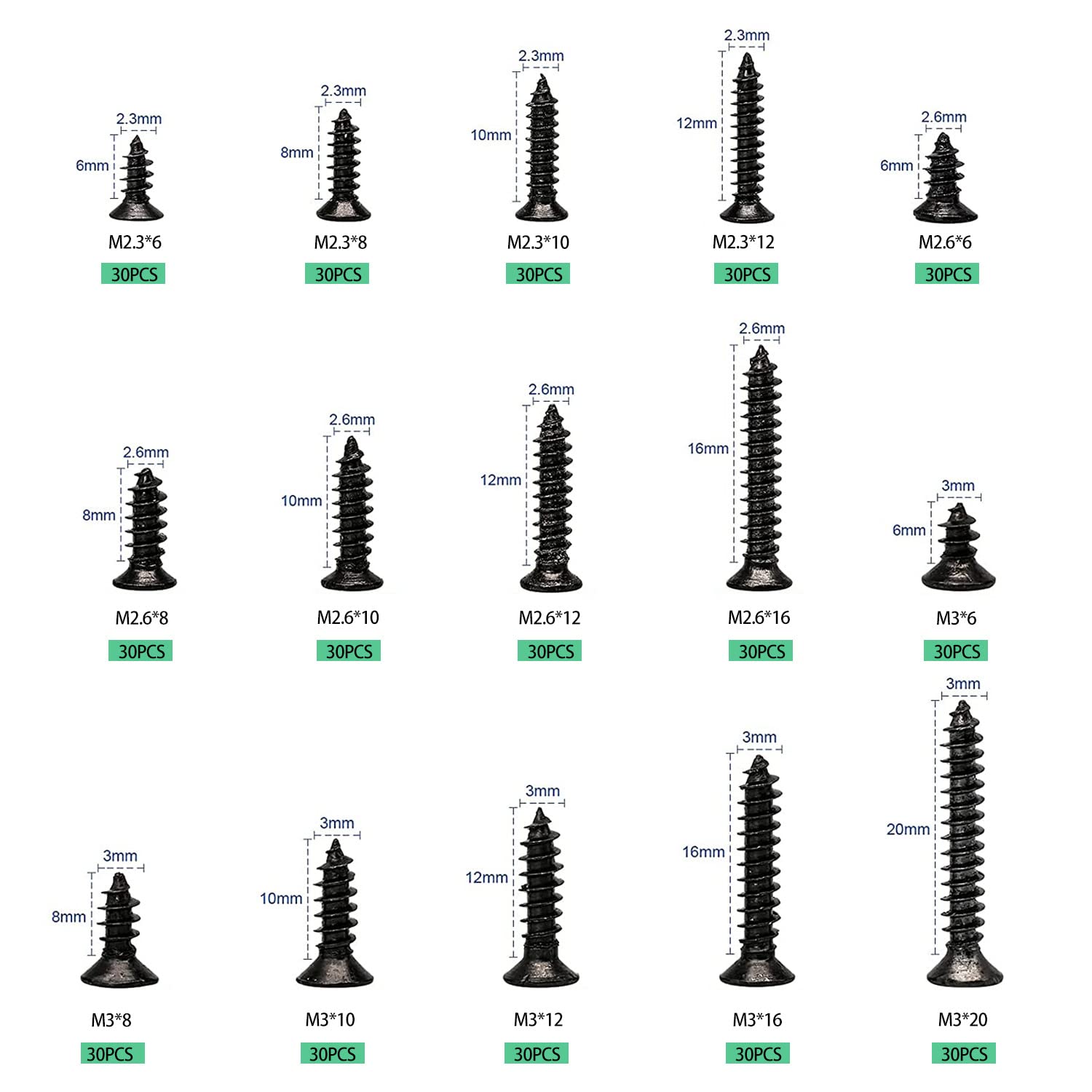 450Pcs Black Wood Screw Assortment Kit, M2.3/M2.6/M3 Zinc-Plated Carbon Steel Flat Head Self Tapping Screws Assortment Kit,Self Tapping Metal Screws Kit with Cap Covers.