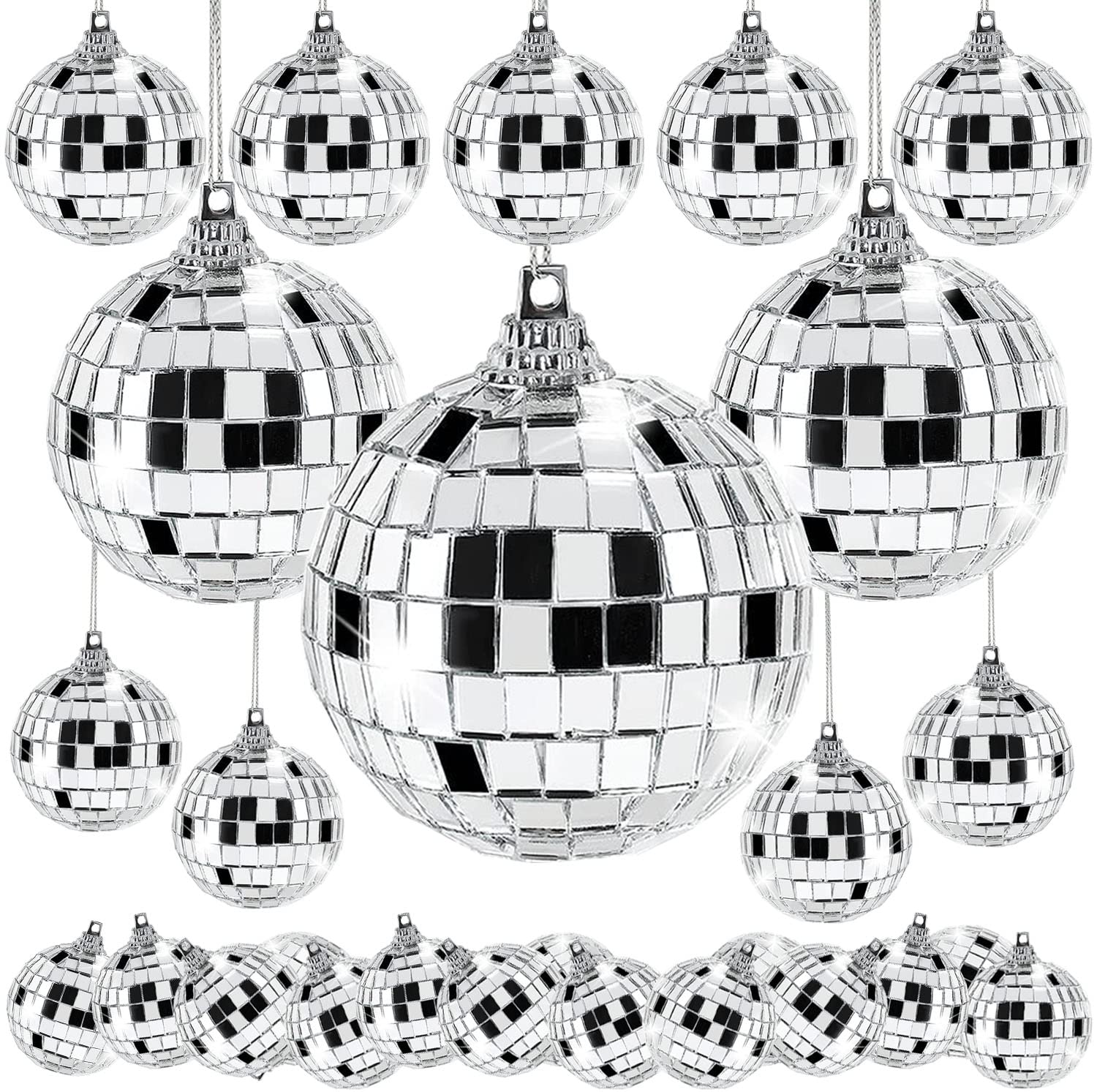 45Pcs Mirror Disco Balls 5 Sizes Hanging Mirror Ball Ornament with Rope 70s Disco Party Decorations Silver Disco Balls for Christmas Tree Decor Stage Props Festivals (0.79/1.18/1.97/3.15/3.94 inch)