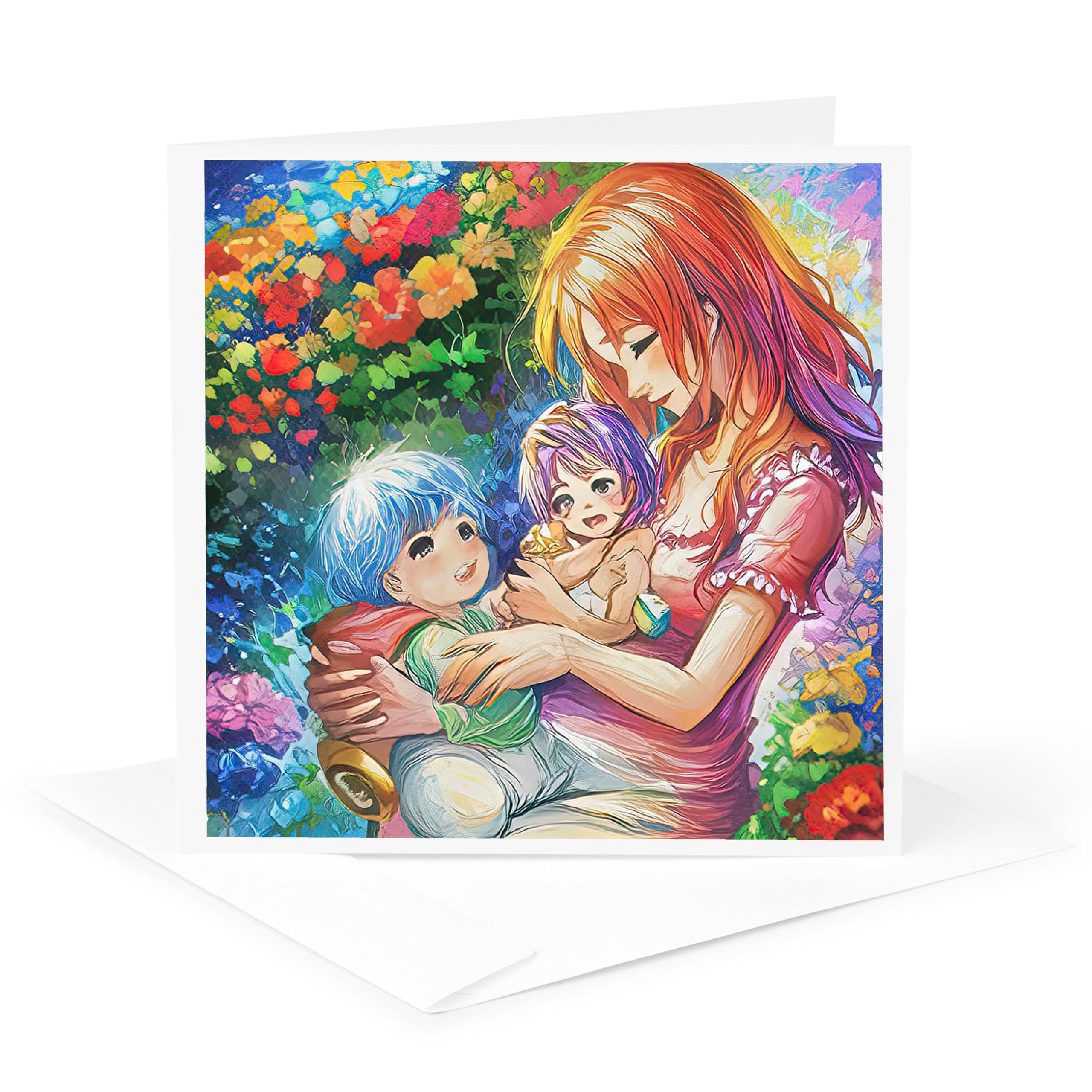 3dRose Greeting Card - A mother with two babies in the garden on a sweet spring day gift - Alexis Design - Holidays Mothers Day