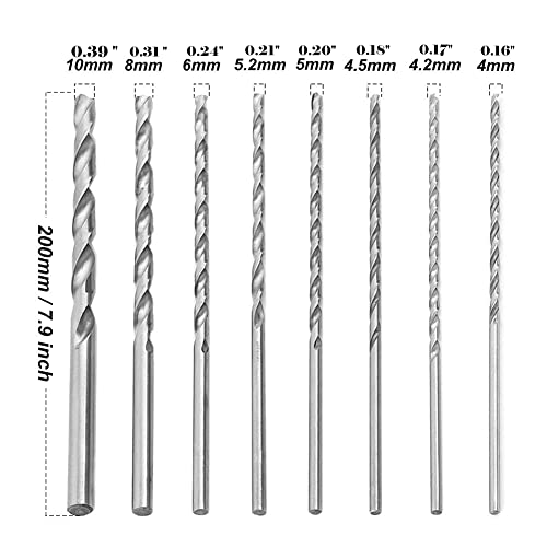 9 Pcs Drill Bit Set 200mm/8'' Extra Long Drill Bits Set HSS Twist Bits 4/4.2/4.5/5/5.2/6/8/10mm Long Drill Bits for Wood and Drill Dust Collector