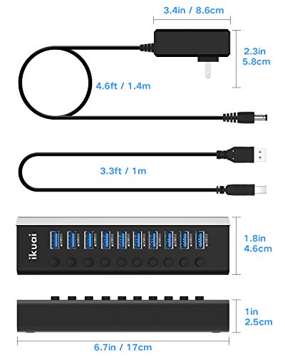 Powered USB Hub 3.0 ikuai Aluminum 10 Port USB 3.0 Data Hub Splitter with 12V/3A 36W Power Adapter and Individual On/Off Switches for Desktop PC Laptop and More