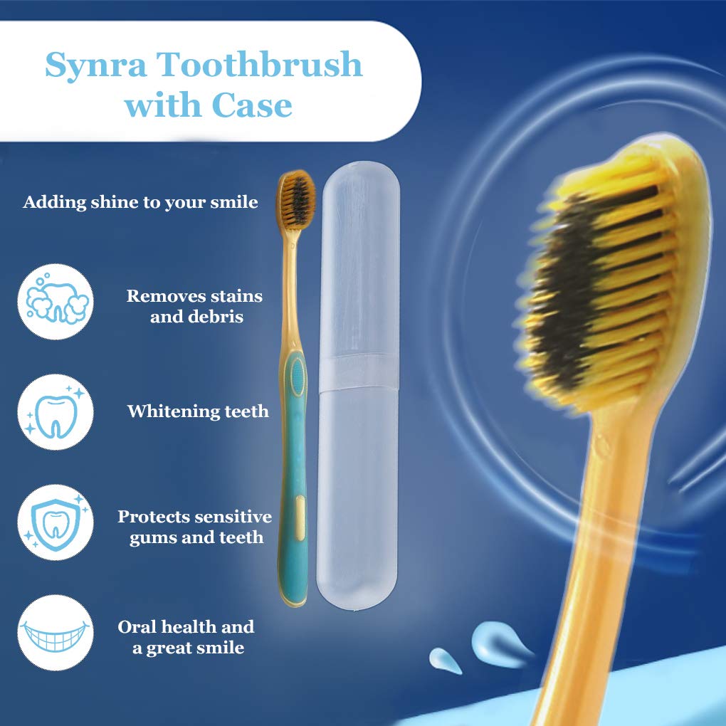 Synra Charcoal Toothbrush with Travel Case, 7β x 1β, Rubber Tongue Scraper, Soft Angled Bristles, 6 Pieces per Pack