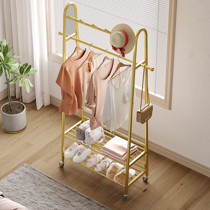 BOTAOYIYI Clothes Rack Gold, Freestanding Coat Rack Modern Rolling Garment Rack with Wheels and Bottom Shelves, Industrial Heavy Duty Pipe Clothing Rack Wardrobe Closet for Boutique Display (39.4")