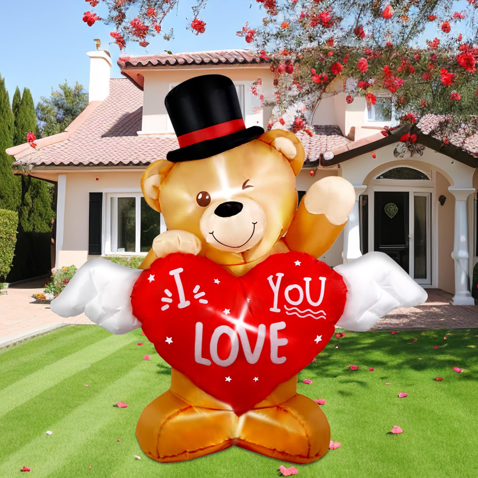 AerWo 4 FT Valentines Day Inflatable Bear with Love Heart, Lighted Valentines Inflatables Teddy Bear Blow Up Yard Outdoor Garden Home Party Wedding Decor, Romantic Sweet Valentines Gift