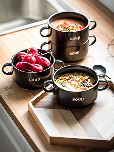 LAUCHUH 27 Ounces Soup Bowls with Handles, French Onion Soup Bowls, Oven Safe Soup Bowls Serving Bowls for Entertaining, Party Stackable, Black