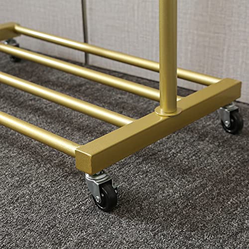 BOTAOYIYI Gold Clothing Garment Rack with Lockable Wheels, 3-in-1 Rolling Clothes Rack for Hanging Clothes, 5 Side Hooks and Bottom Shelves Organizing Clothes,Shoes,bags,hats