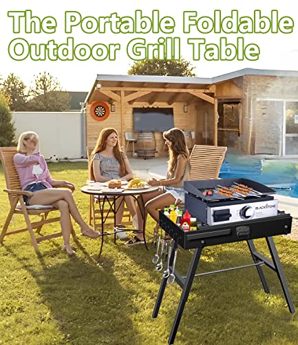 Griddle Stand Outdoor Camping Cooking Station Worktable Compatible for Griddle Many Black Universal Portable Grill Table with Adjustable Leg and Side Shelf Suit for Take Along Grill Accessories