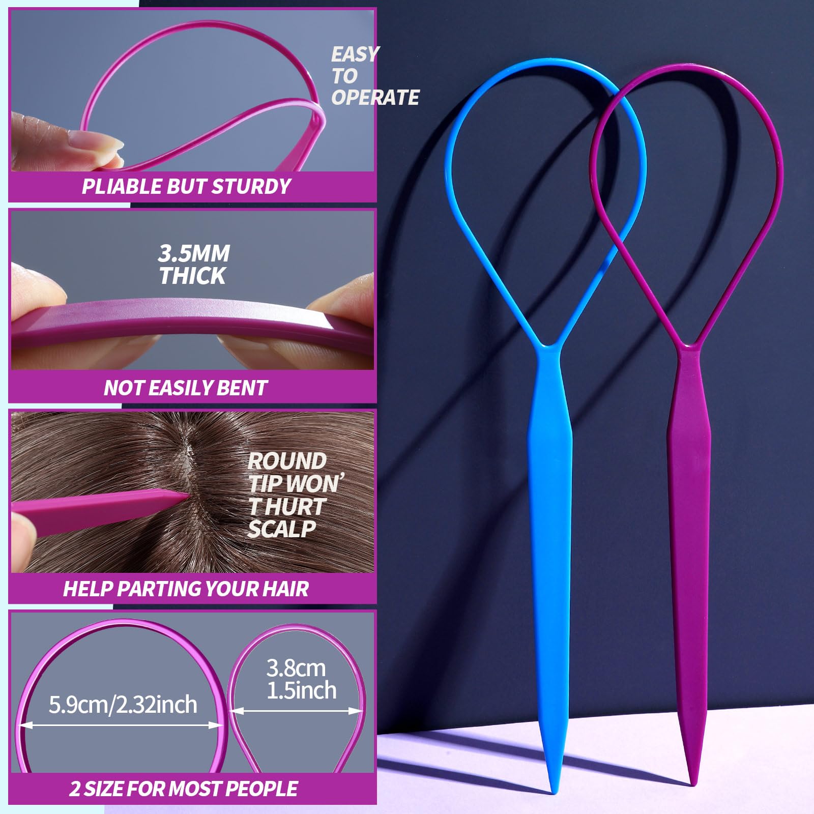 Teenitor 4pcs Pony Hair Tail Accessories, 2 Pairs French Braiding Tool, Turvy Styling Tool for Women Girls, Ponytail Pull Through Tool Purple/Blue