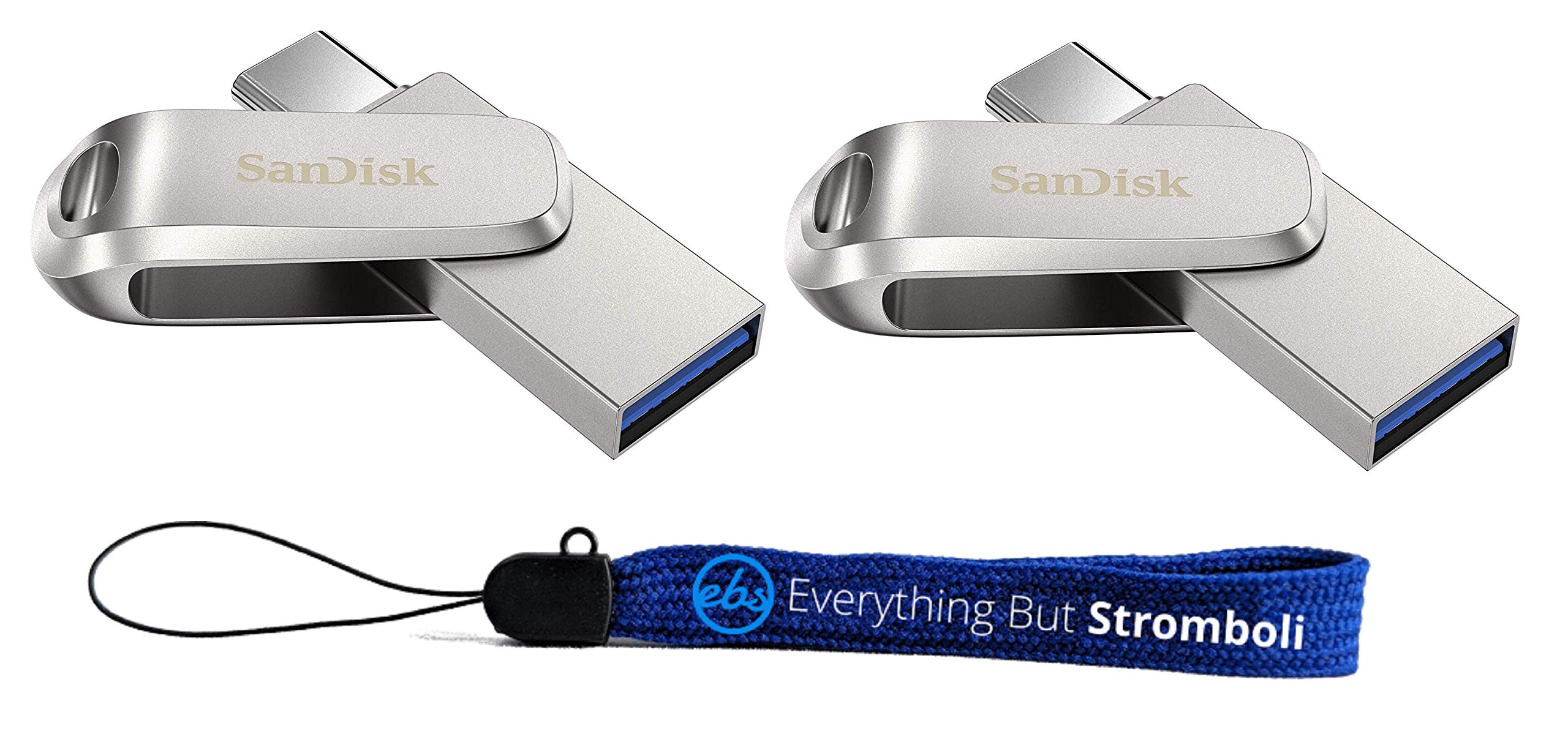 SanDisk 32GB Flash Drive (Bulk 2 Pack) Ultra Dual Drive Luxe USB Type-C for Smartphones, Tablets, and Computers - High Speed USB 3.1 (SDDDC4-032G-G46) Bundle with (1) Everything But Stromboli Lanyard