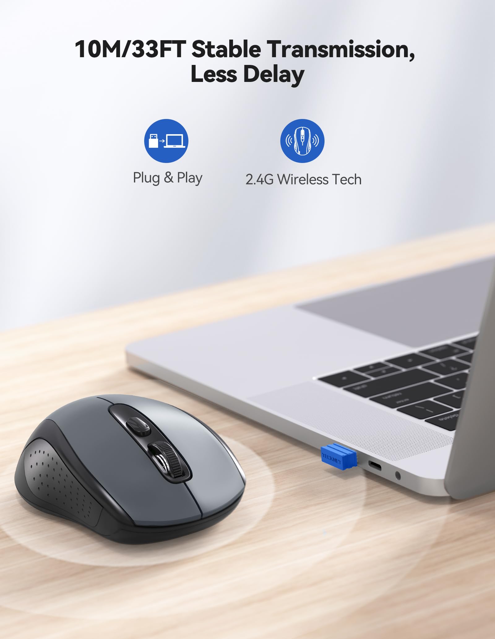 TECKNET Wireless Mouse for Laptop, 2.4G Wireless Computer Mouse, 5-Level Adjustable 4800 DPI, Silent Mouse with Receiver & 6 Buttons, 18 Months Battery Life, USB Portable Mouse for Mac, Chromebook