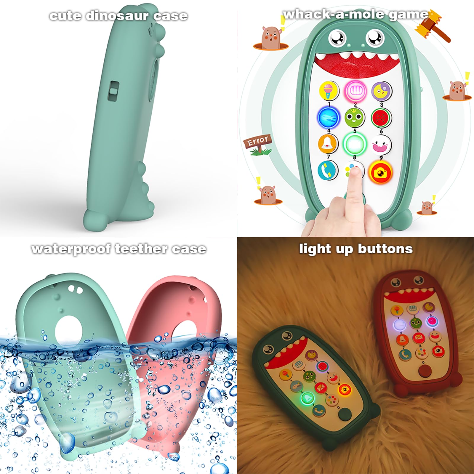 Baby Dinosaur Cell Phone Toy Removable Soft Teether Case, Lights, Music & Adjustable Volume Kids Play & Learn Pretend Phone Infant Toddler, Preschool Holiday Birthday Gift Girl Boy 18 Months (Green)